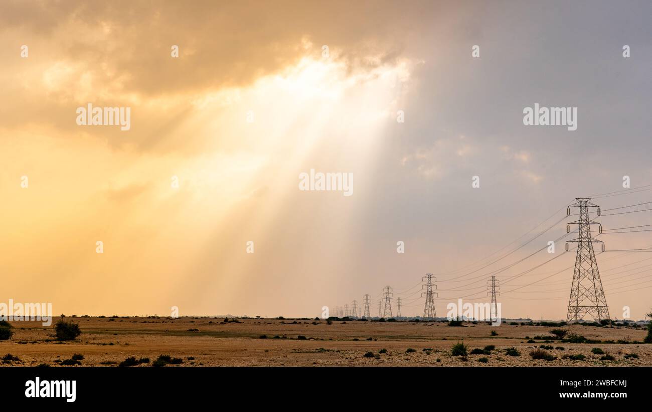 Qatar landscape Electricity transmission towers. Energy infrastructure ...