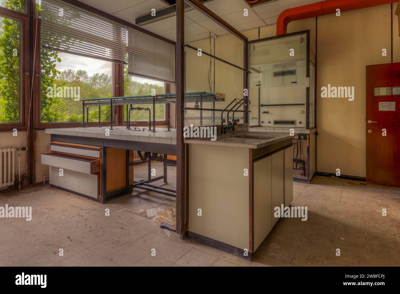 An empty laboratory room with a view of nature through windows ...