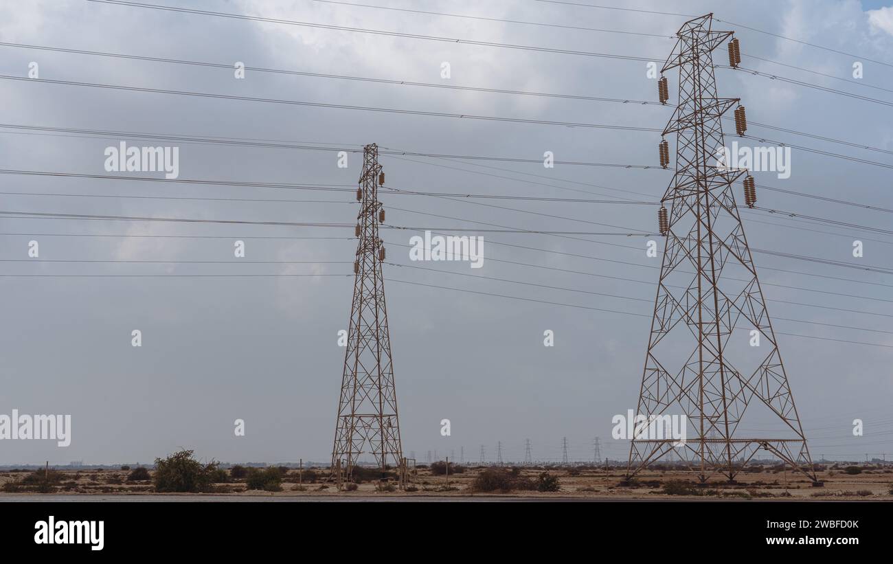 Qatar landscape Electricity transmission towers. Energy infrastructure ...