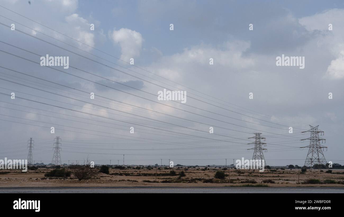 Qatar landscape Electricity transmission towers. Energy infrastructure ...