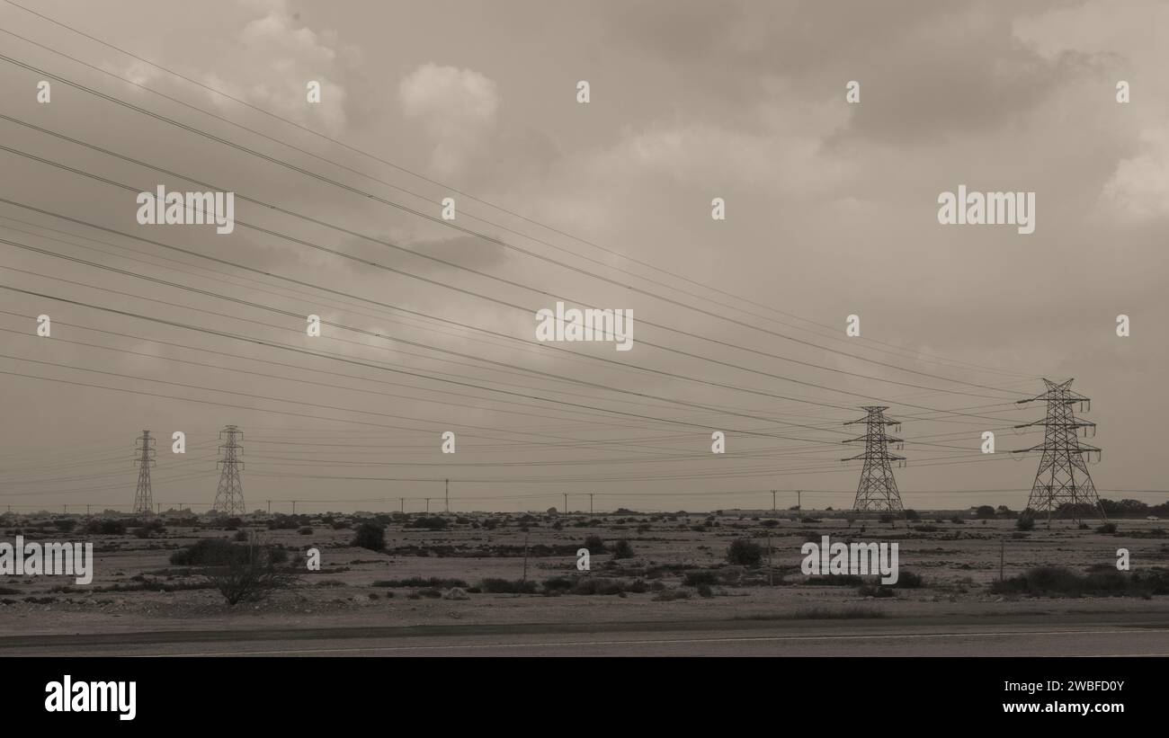 Qatar landscape Electricity transmission towers. Energy infrastructure ...