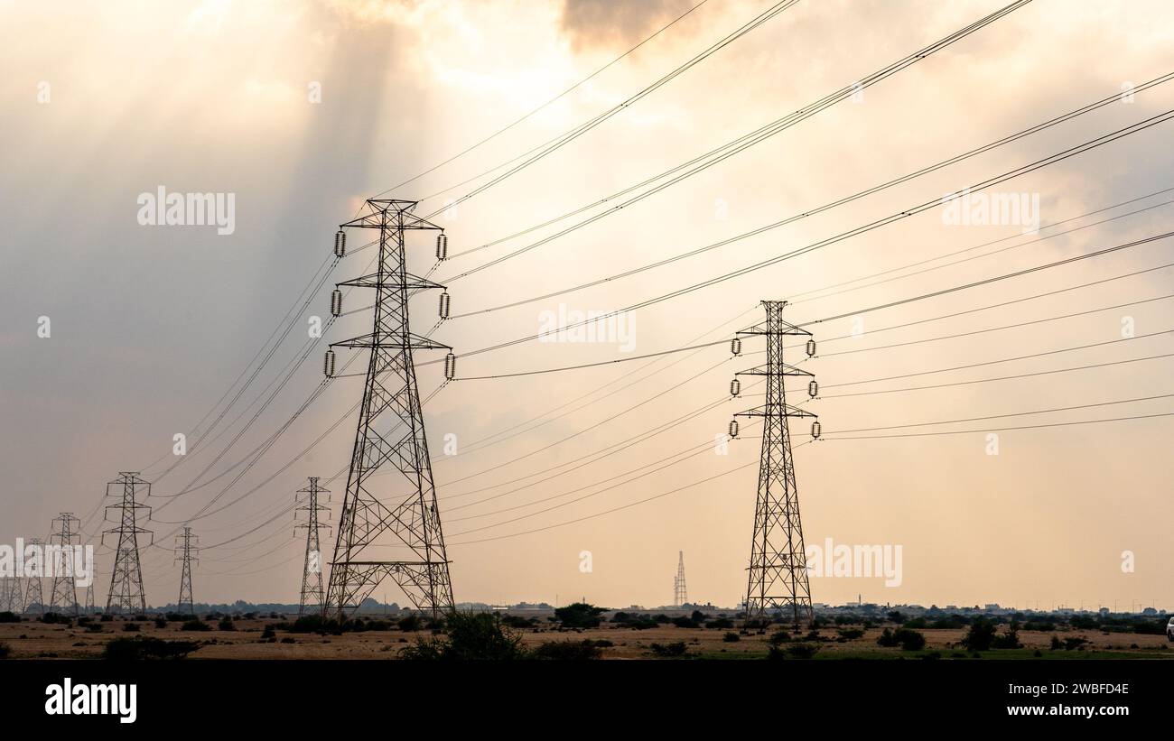 Qatar landscape Electricity transmission towers. Energy infrastructure ...