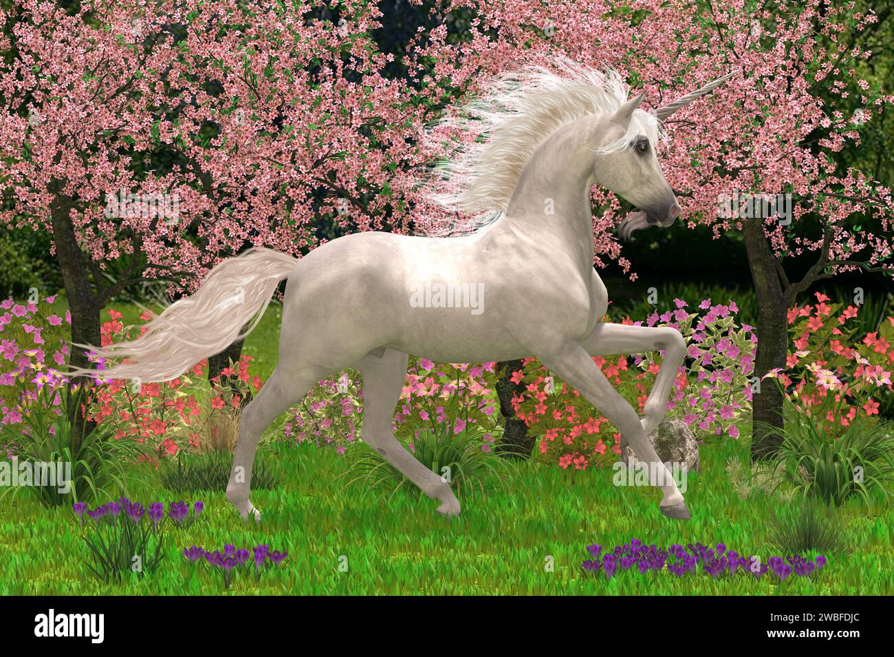 A legendary white unicorn stallion gallops through a forest full of ...