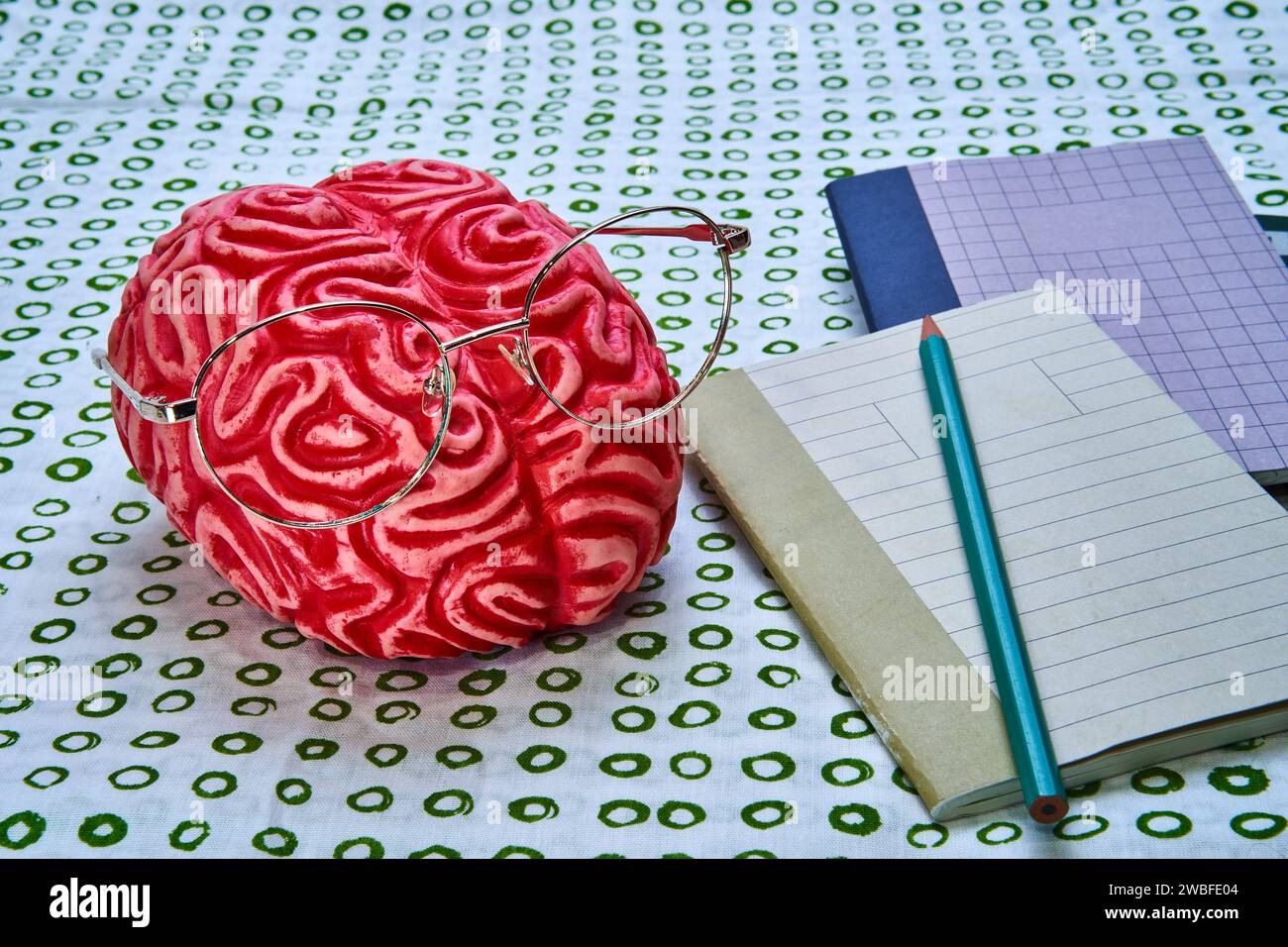 Red rubber brain with glasses and some books next to it on a white ... Red rubber brain with glasses and some books next to it on a white ...