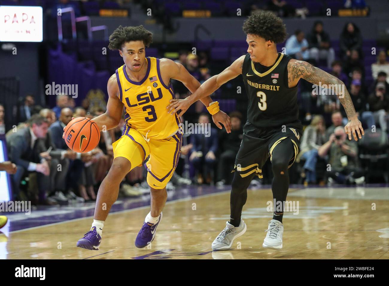 Baton Rouge, LA, USA. 09th Jan, 2024. LSU's Jalen Cook (3) dribbles ...