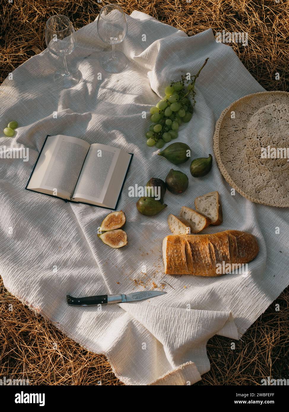 Vertical straight from above shot of a romantic Mediterranean picnic ...