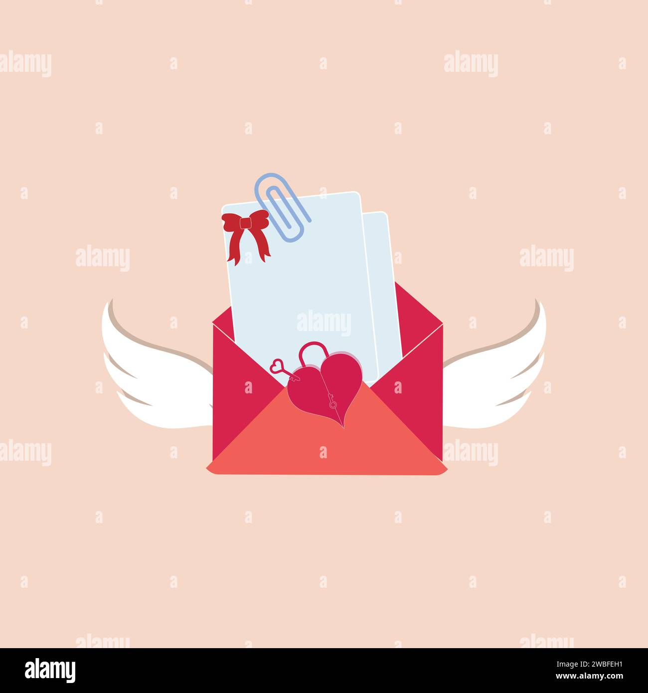 Paper envelope mail with angel wing and heart on pink background, Love ...