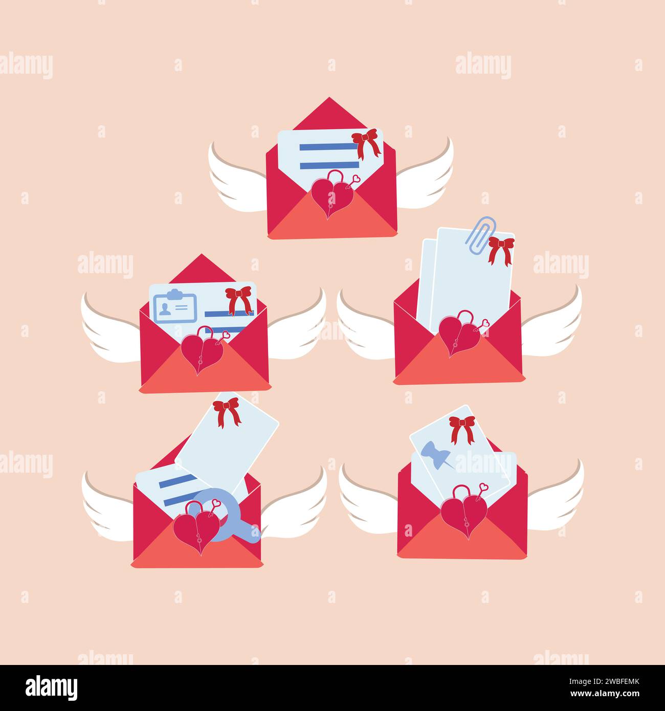 Paper envelope mail with angel wing and heart on pink background, Love ...