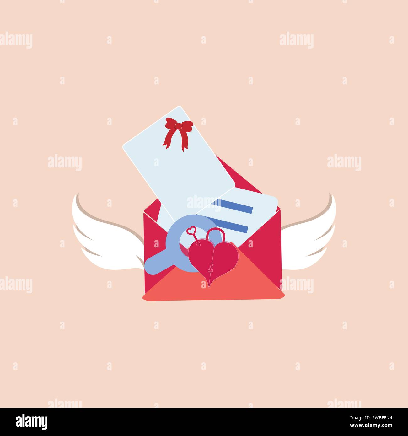 Paper envelope mail with angel wing and heart on pink background, Love ...