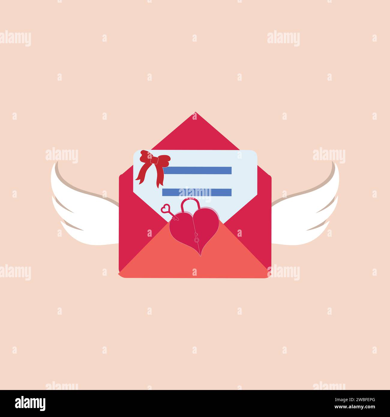 Paper envelope mail with angel wing and heart on pink background, Love ...