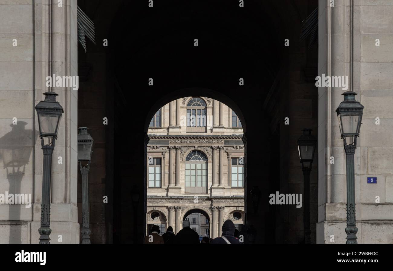 France, Paris - Jan 03, 2024 - Archway to the Louvre courtyards. Louvre ...