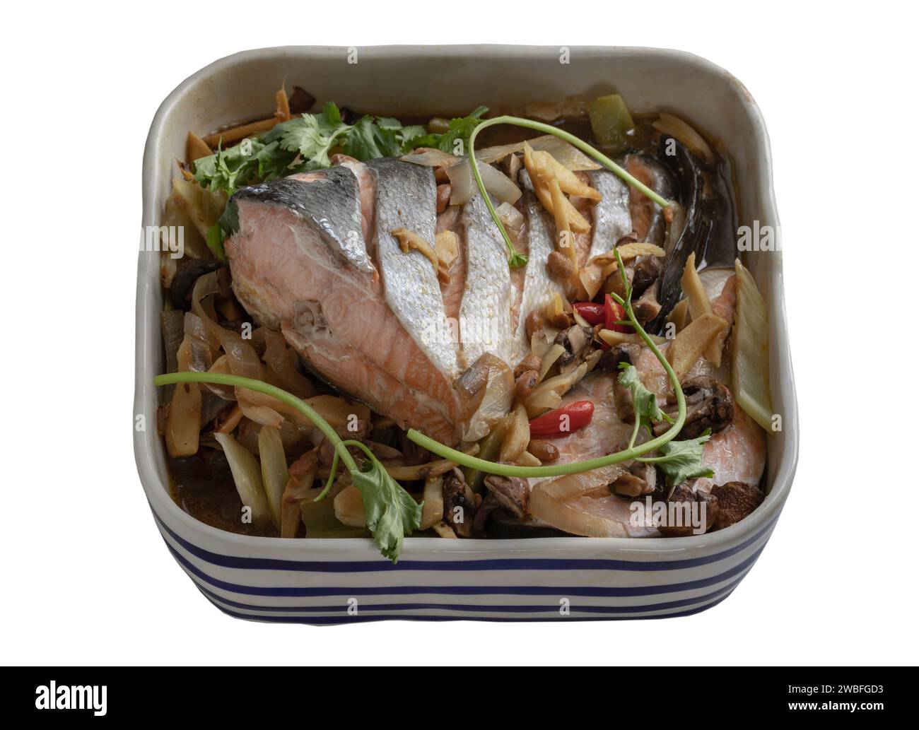 Thai-Chinese style Steamed Salmon with Soy Sauce and Ginger in Ceramic ...