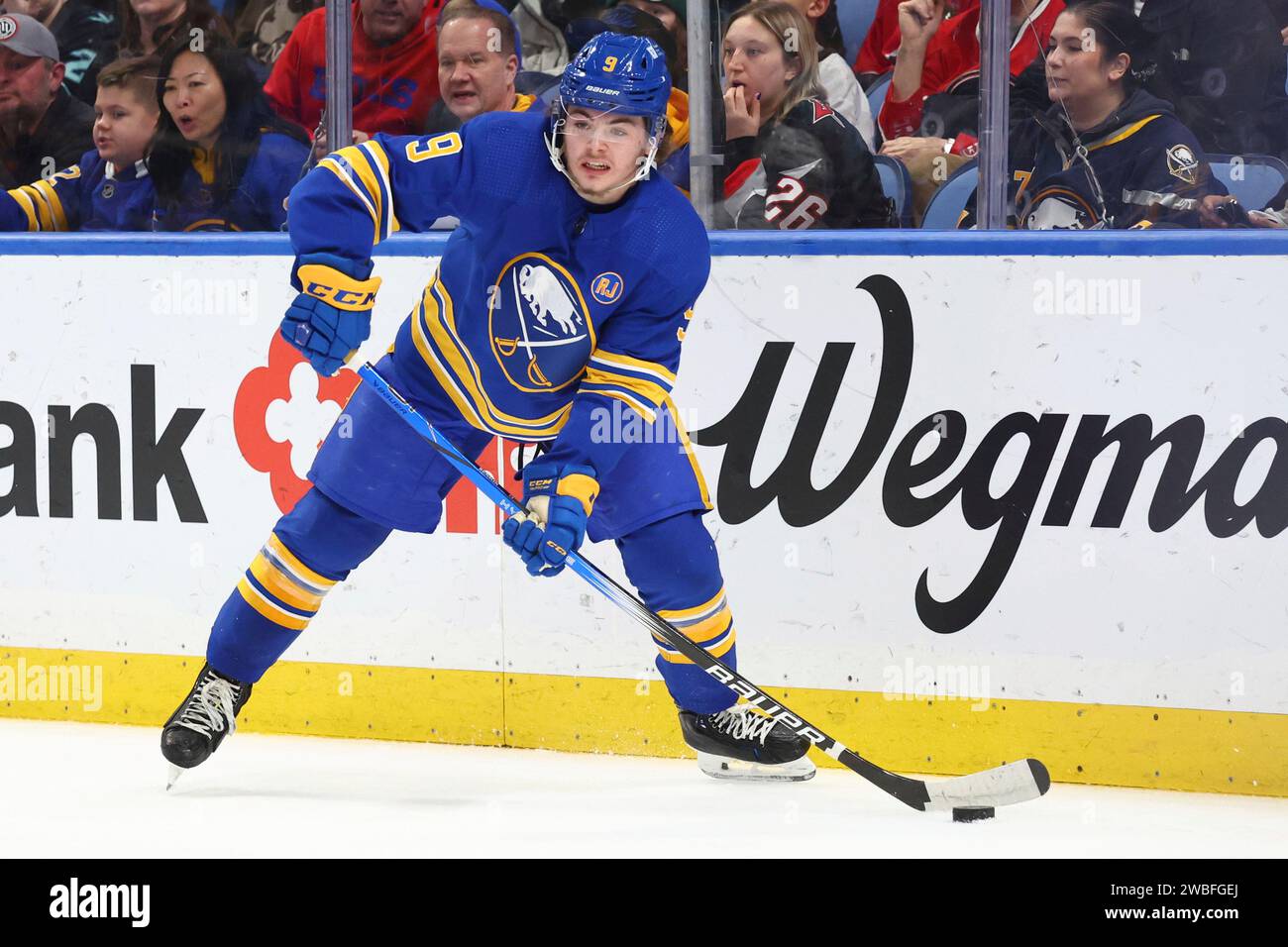 Buffalo Sabres left wing Zach Benson (9) skates during the first period ...