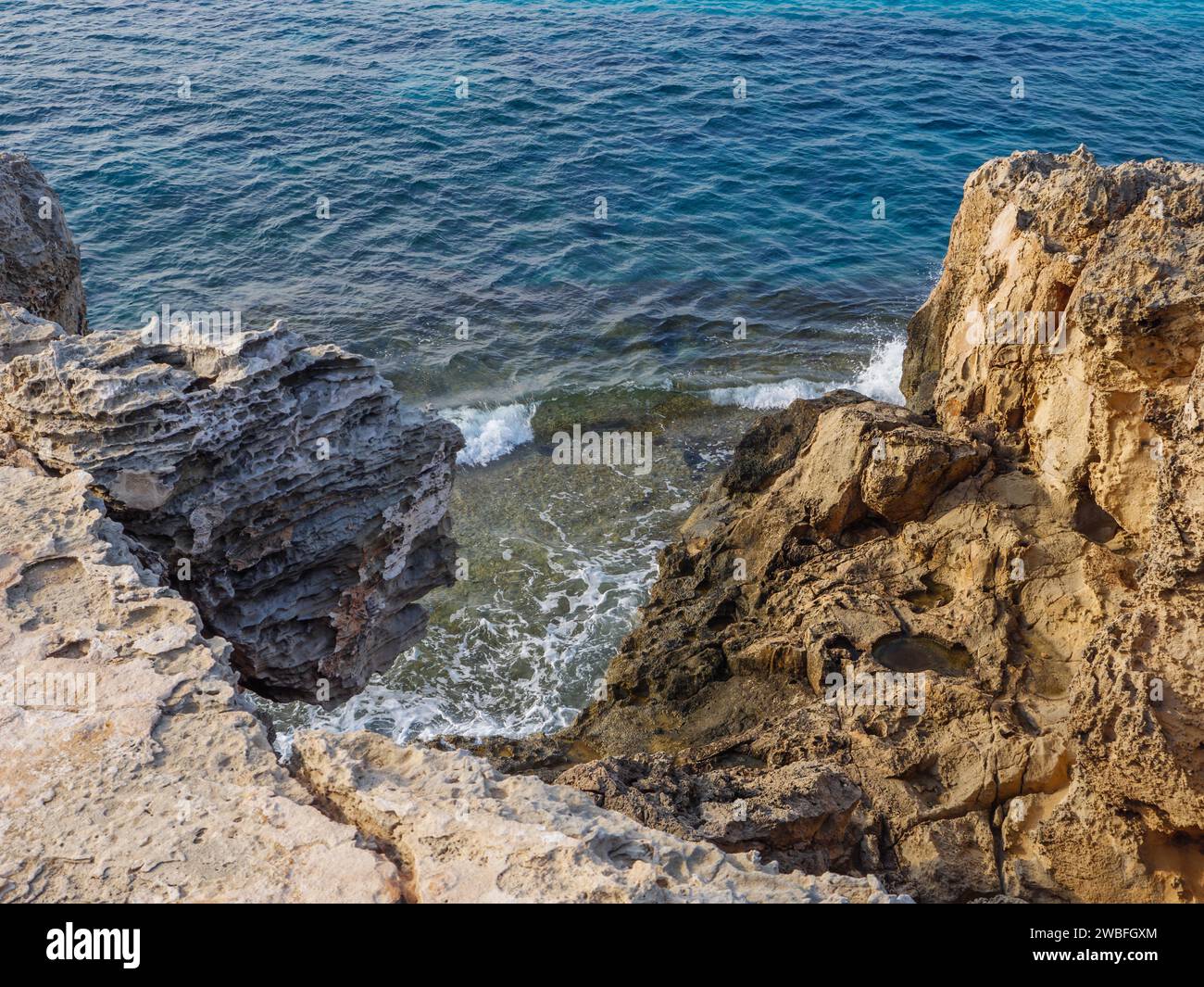 View from above over beautiful turquoise waves of blue Mediterranean ...