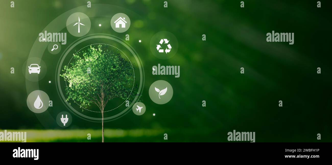 Eco symbols around green tree. Ecology concept, recycling, sustainable ...