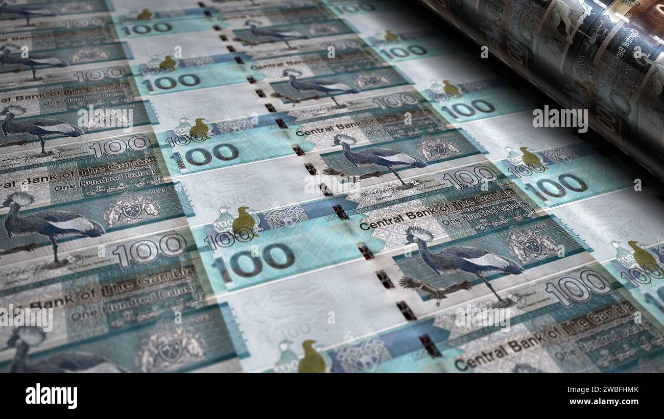 Gambian dalasis money printing 3d illustration. 100 GMD banknote print ...