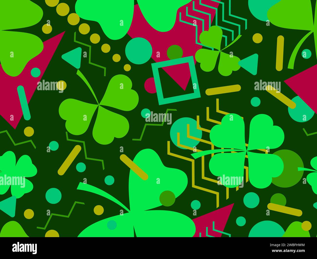 Seamless pattern with clover and geometric shapes in 80s Memphis style ...