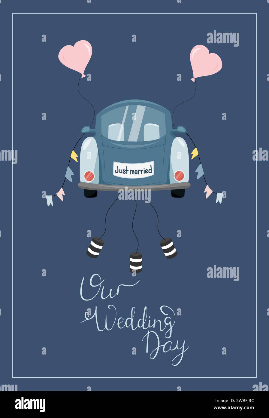 Wedding illustration with newlyweds car on blue background. Can be used ...