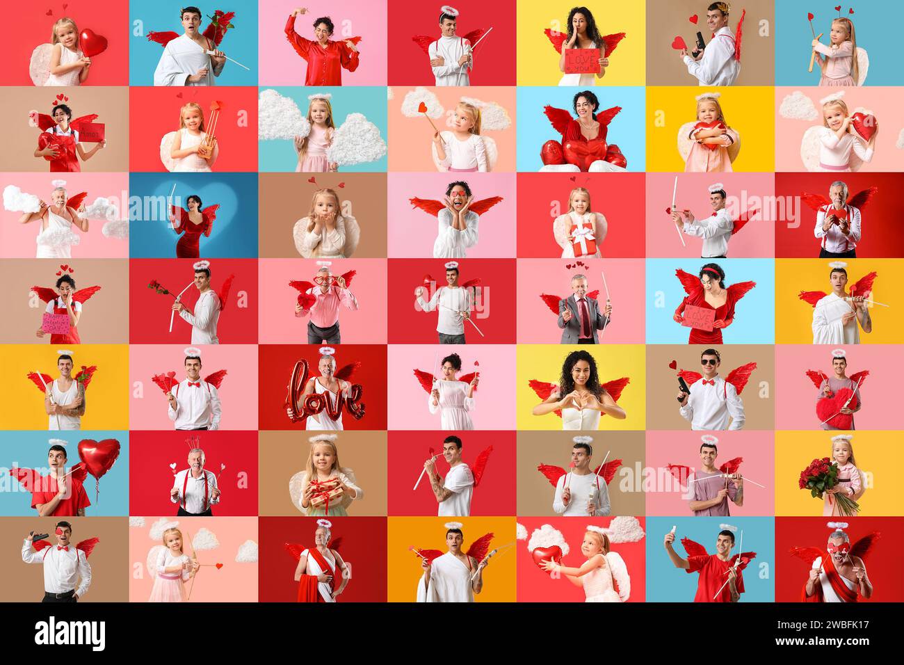 Collection of people dressed as Cupid on colorful background Stock ...