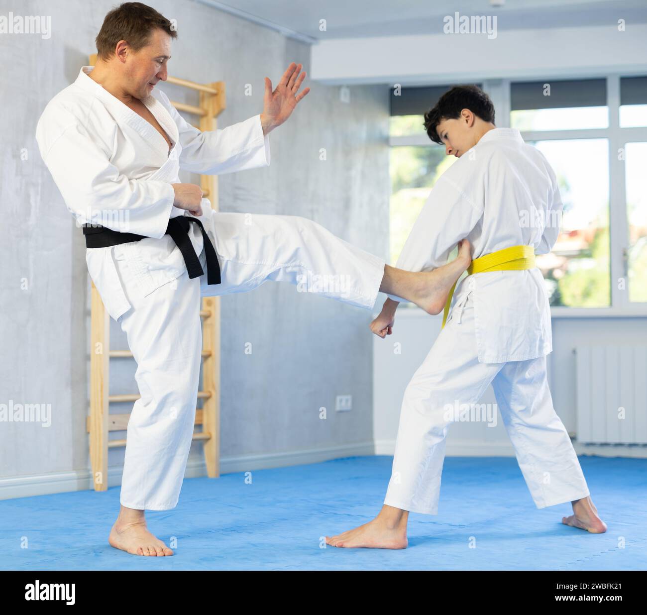 Underage boy and middle-aged man performing karate techniques in pair ...