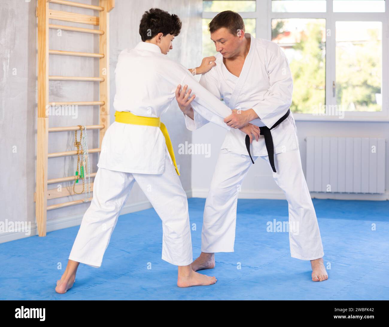Coach teaches judo techniques to teenager during individual training ...
