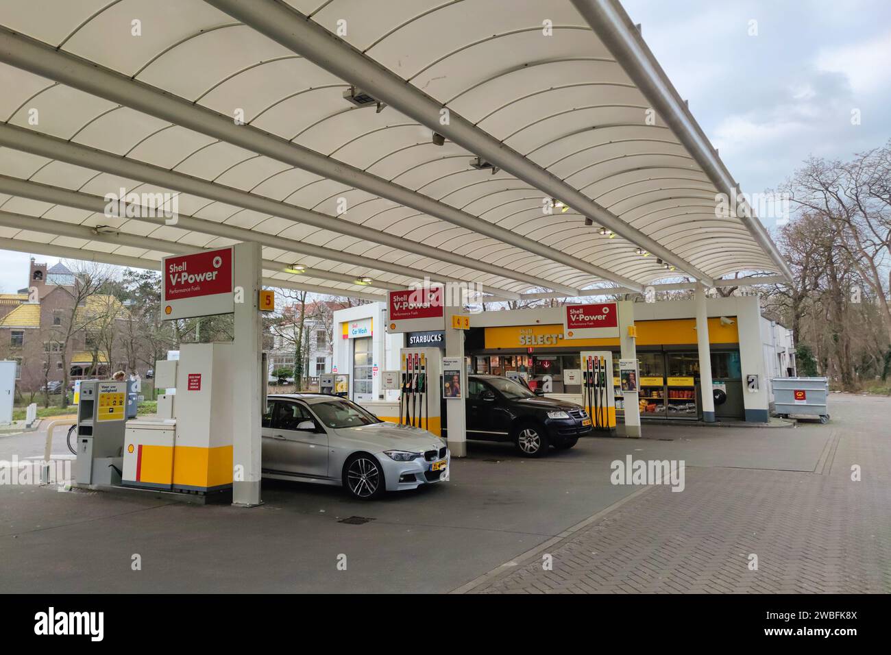 Fuel pumps of a Shell gas station in the city of The Hague, Netherlands ...