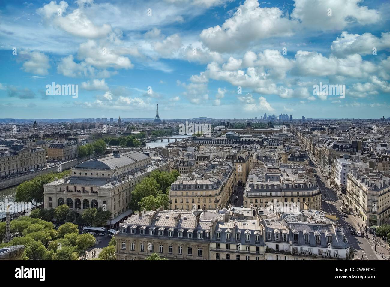 Paris, aerial view of the Eiffel Tower, with the Defense towers in ...