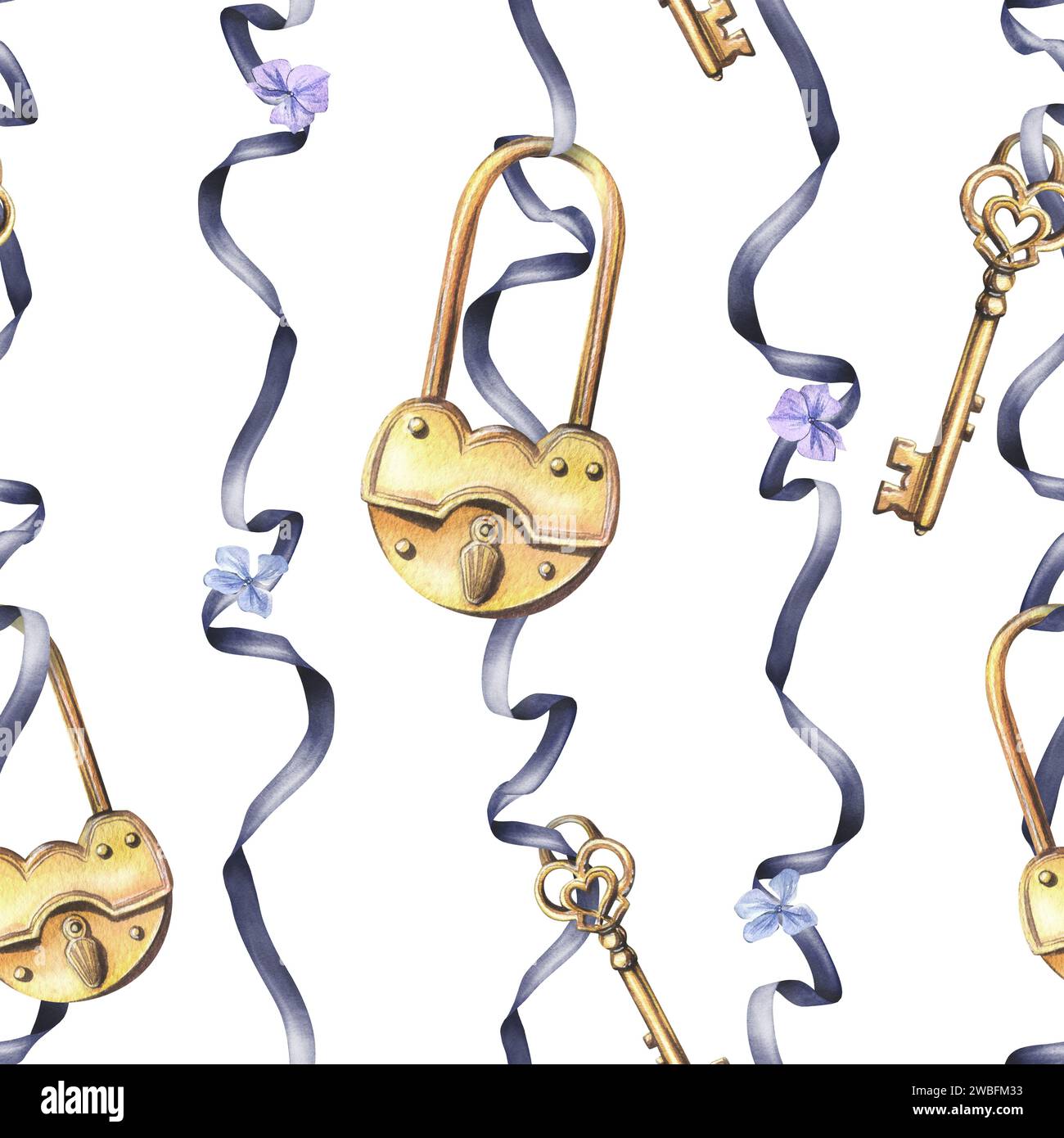 Golden keys and locks suspended on a dark blue ribbon. Hand drawn ...