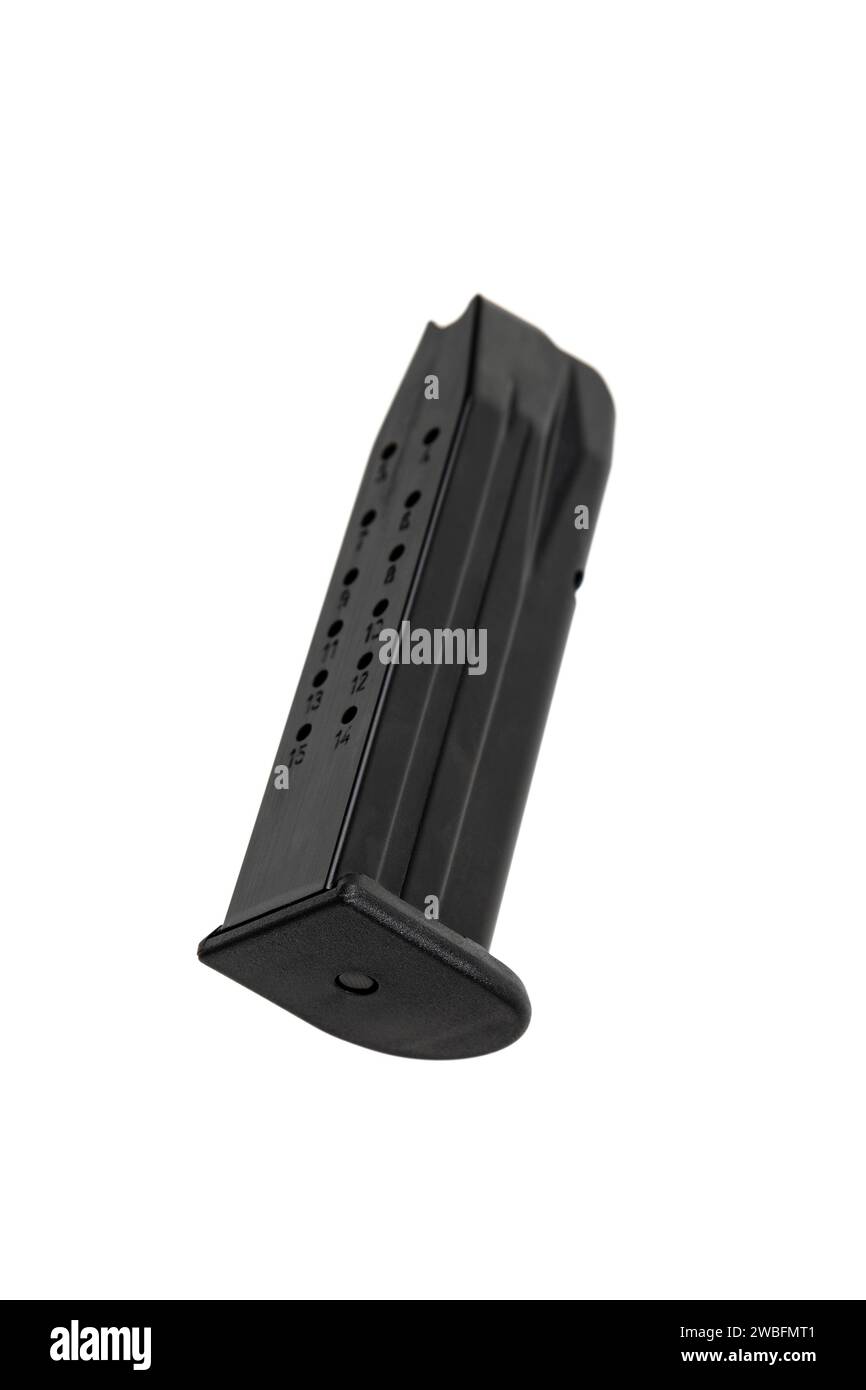 Metal pistol magazine for 9 mm cartridges. Clip for ammunition. Isolate ...