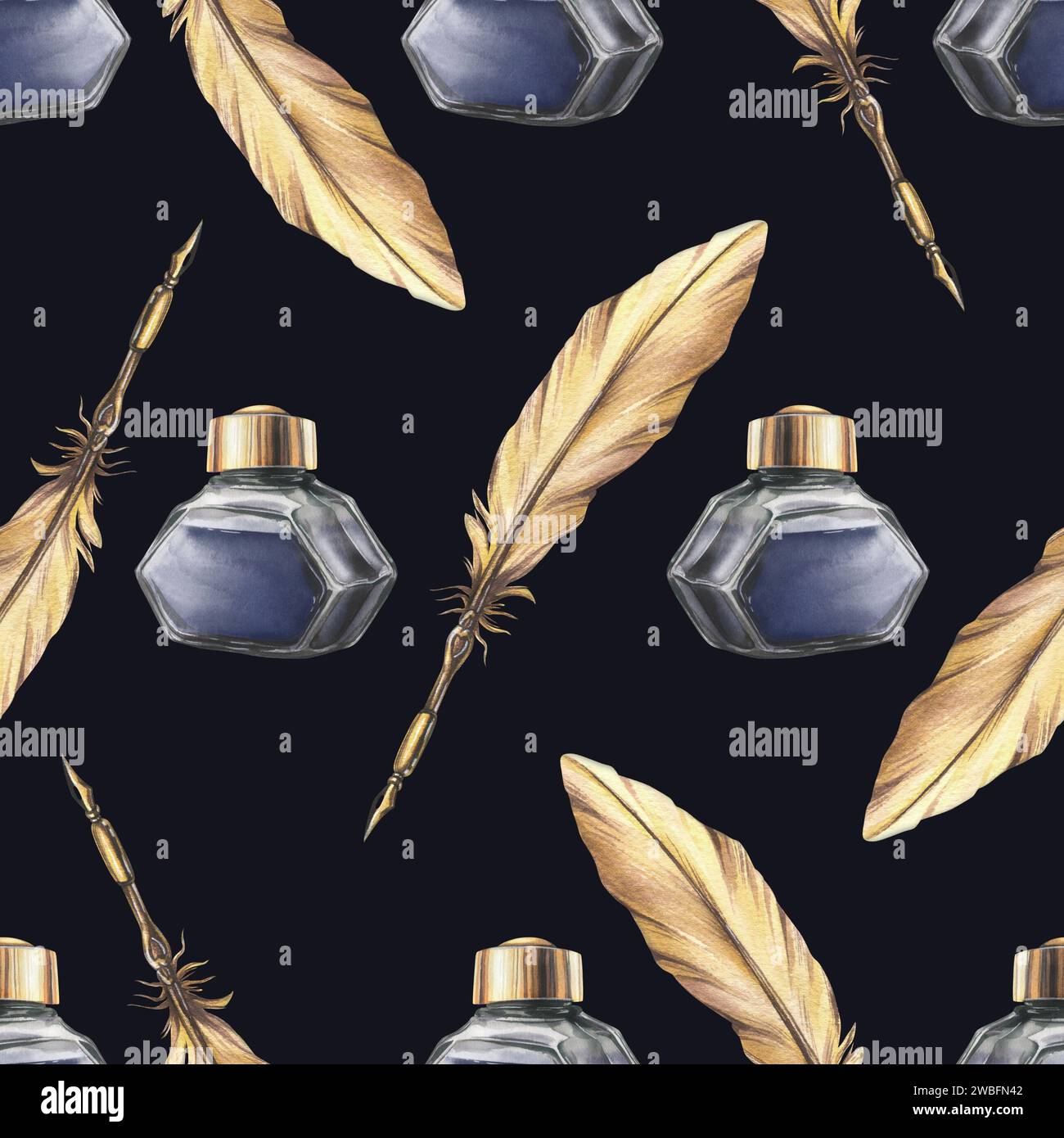 Writing supplies gold pen, ink in a glass jar. Hand drawn watercolor ...