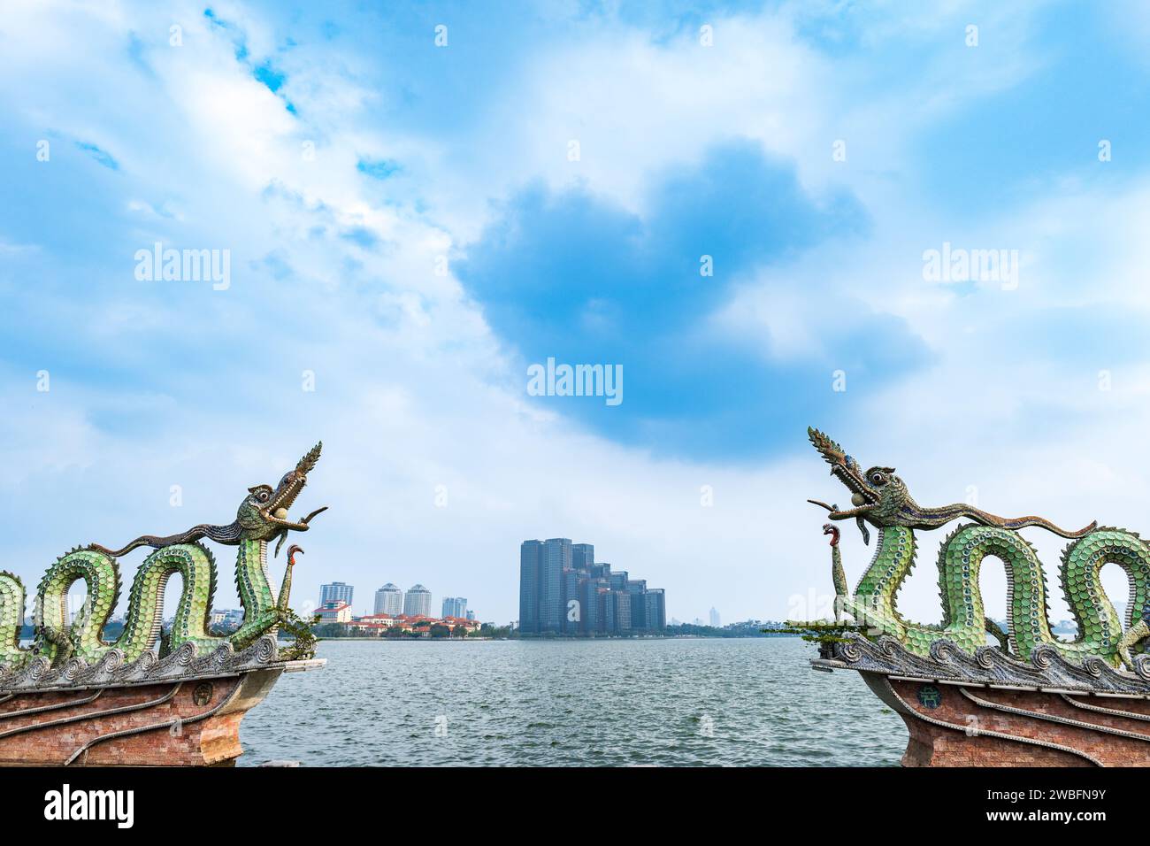 Hanoi West Lake, or Tay Ho Lake, view with Twin Dragons statue, a ...