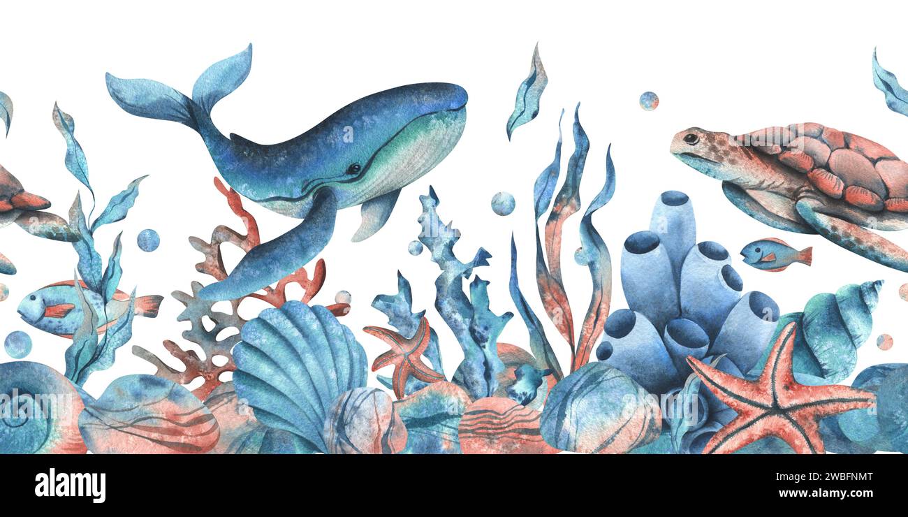 Underwater world clipart with sea animals whale, turtle, octopus ...