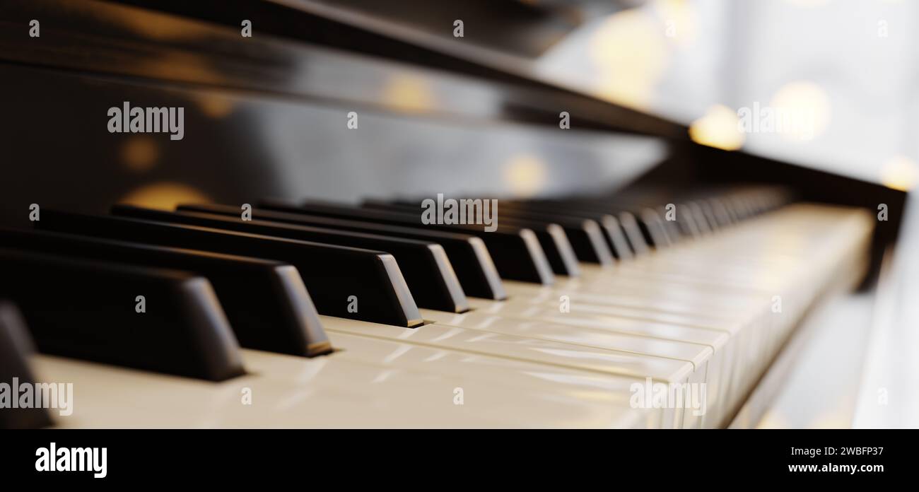 Piano keyboard close up view with selective focus. Warm color toned ...