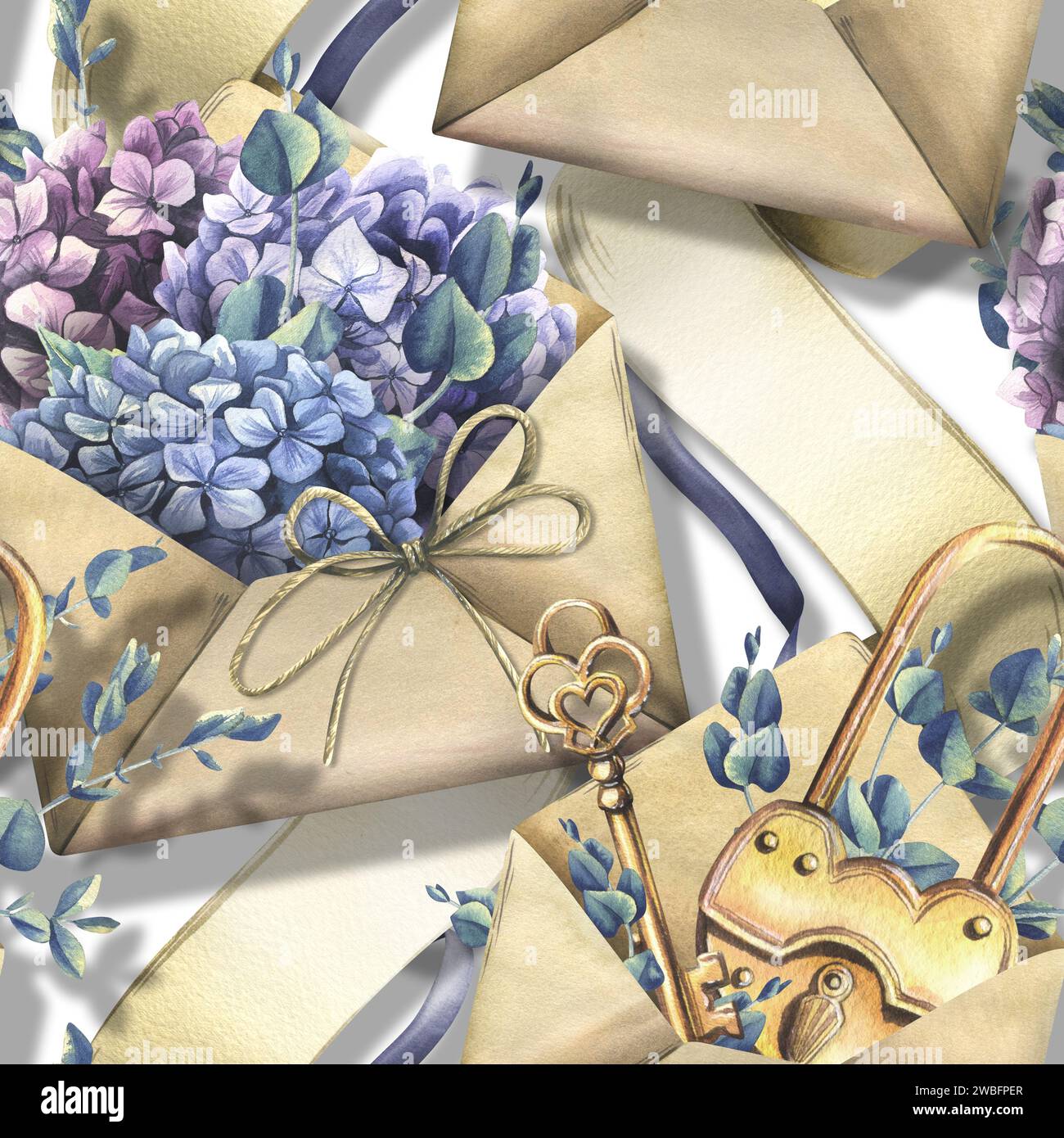 Papyrus paper, craft envelopes with golden keys and locks with ...