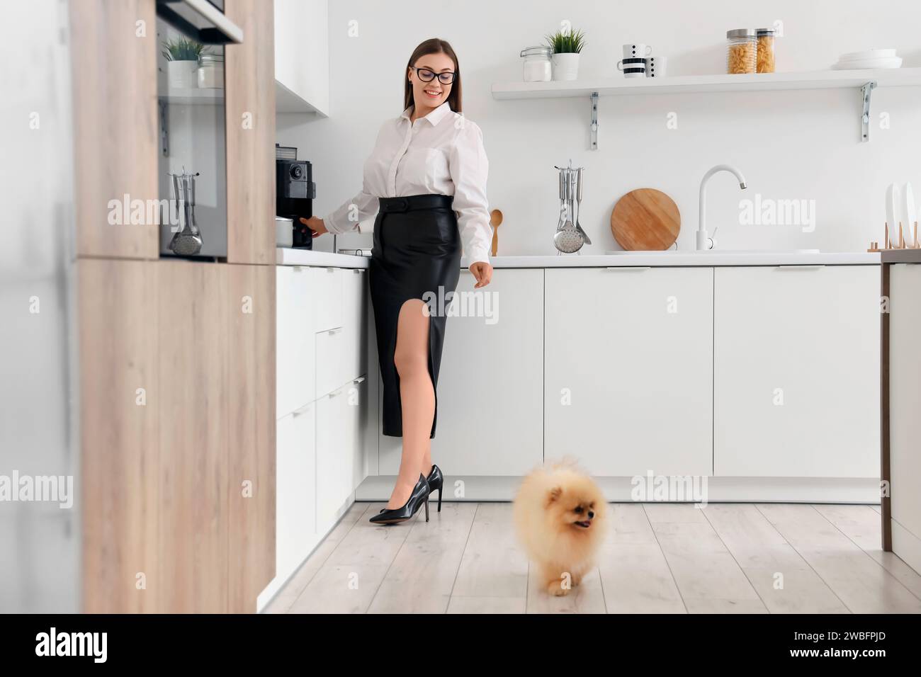 Young businesswoman with cute Pomeranian dog making coffee in kitchen ...