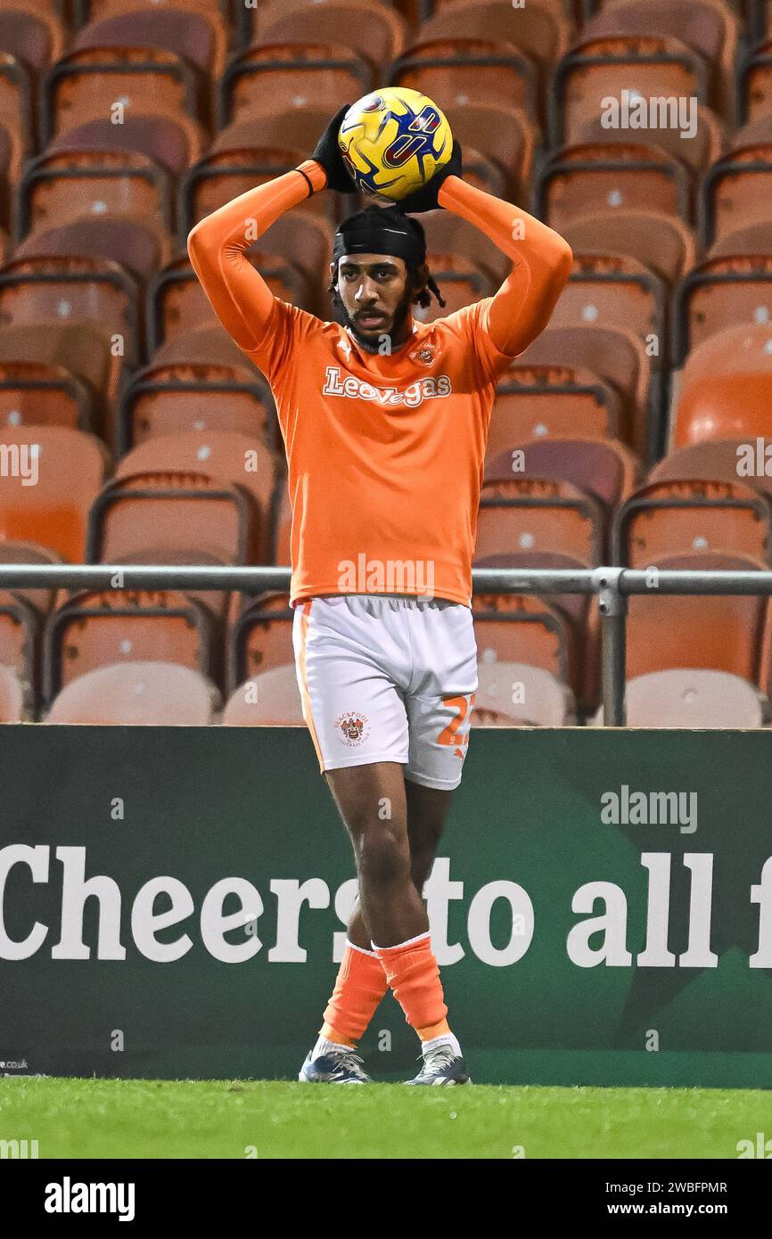 Dominic Thompson of Blackpool takes a throw in during the Bristol ...
