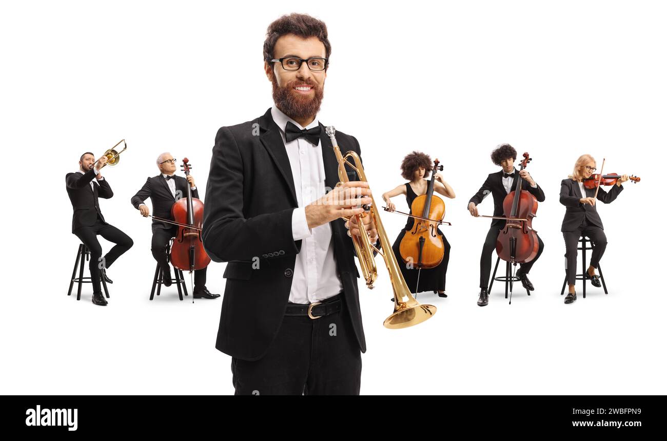 Man with a trumpet in front of a classical music orchestra isolated on ...