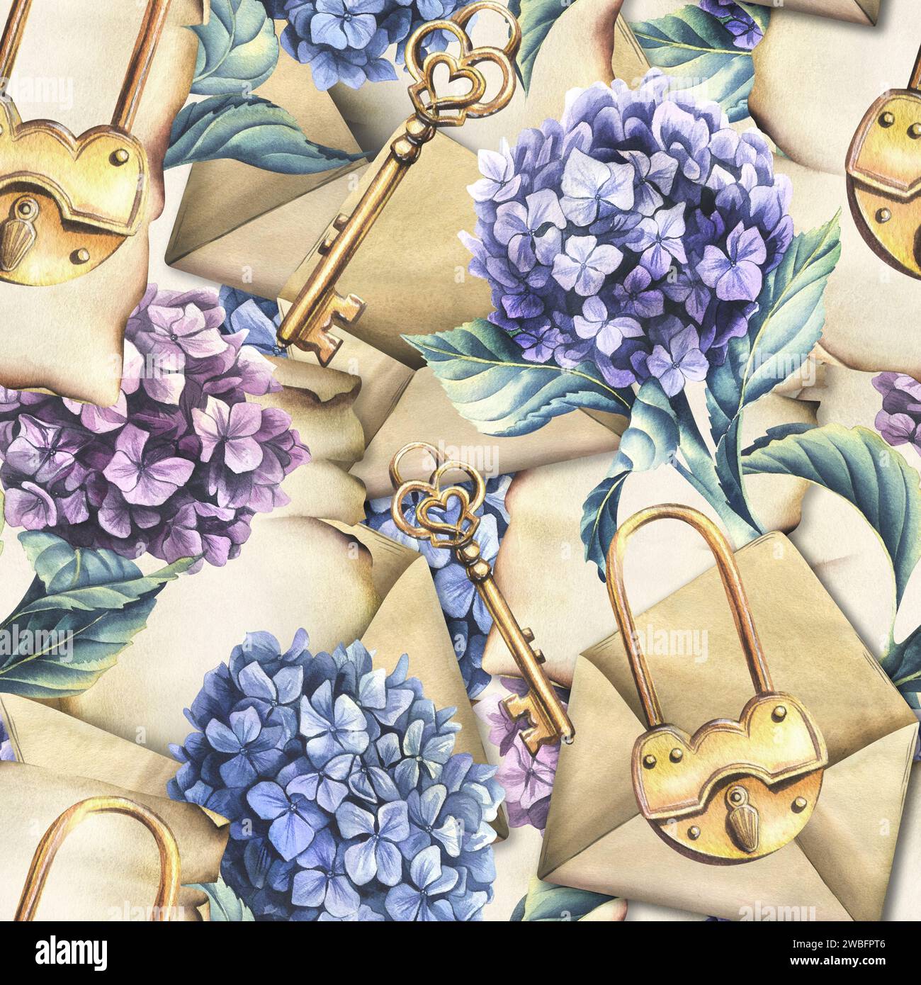 Papyrus paper, craft envelopes with golden keys and locks with ...