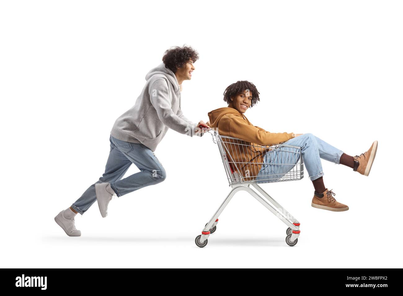 Caucasian guy pushing an african american guy in a shopping cart ...