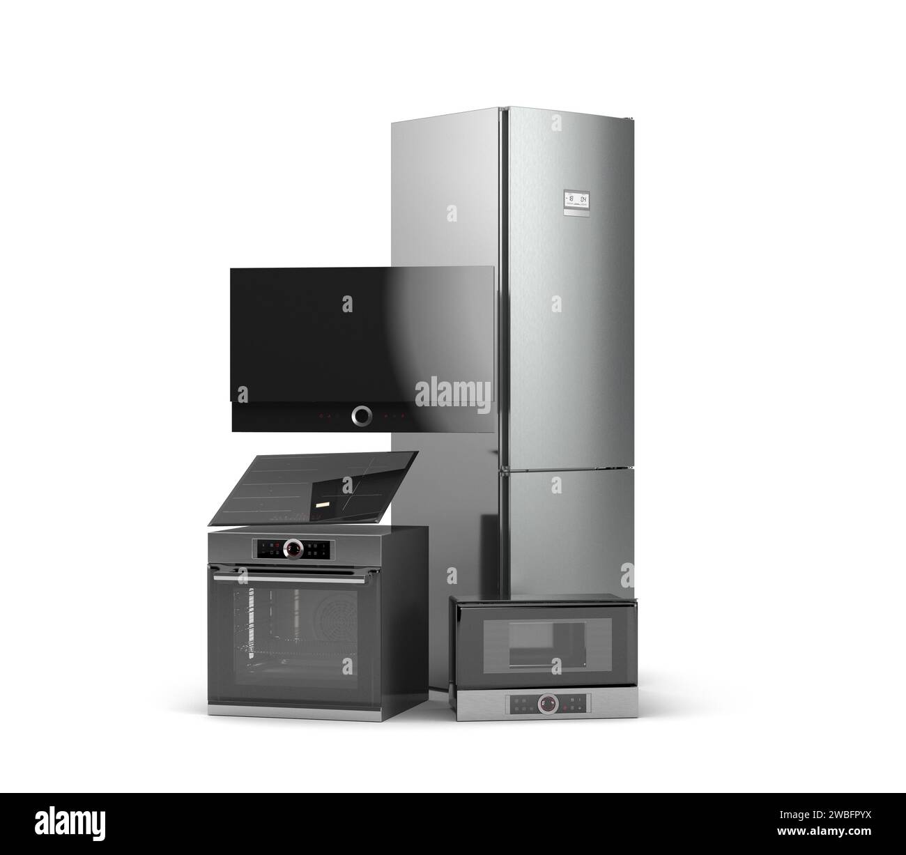 Modern close built in kitchen appliances set 3d render on white Stock ...