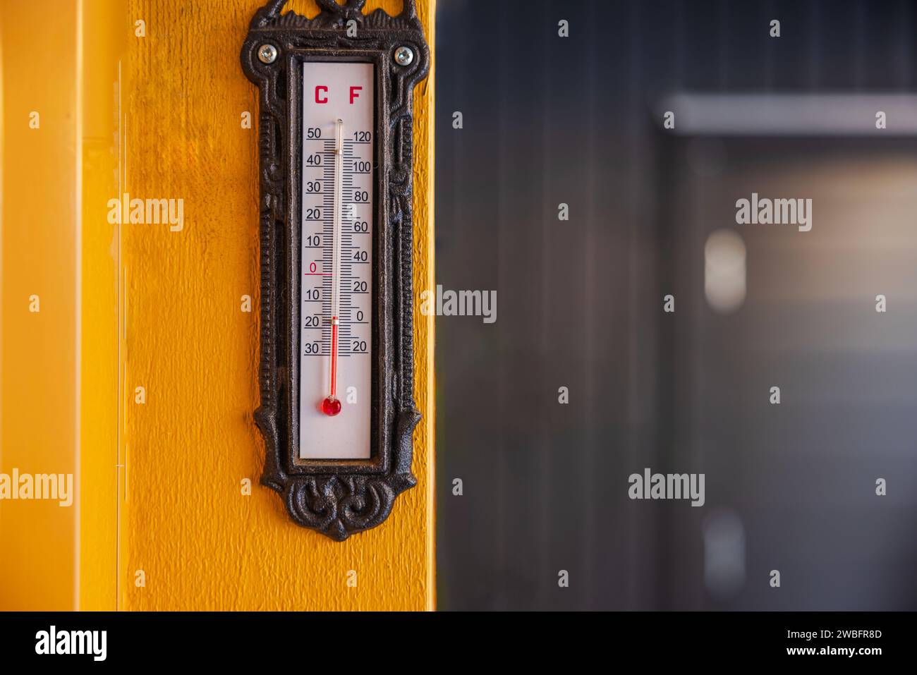 Close-up view of outdoor thermometer displaying subzero ambient ...