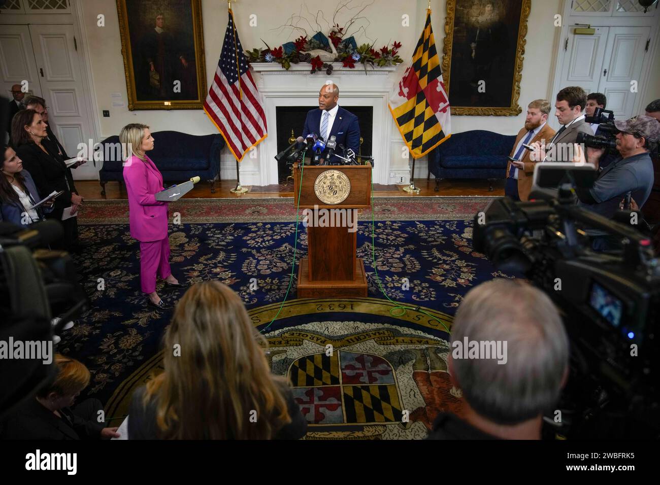 Maryland Gov. Wes Moore speaks during a press conference on the first day of the Maryland ...