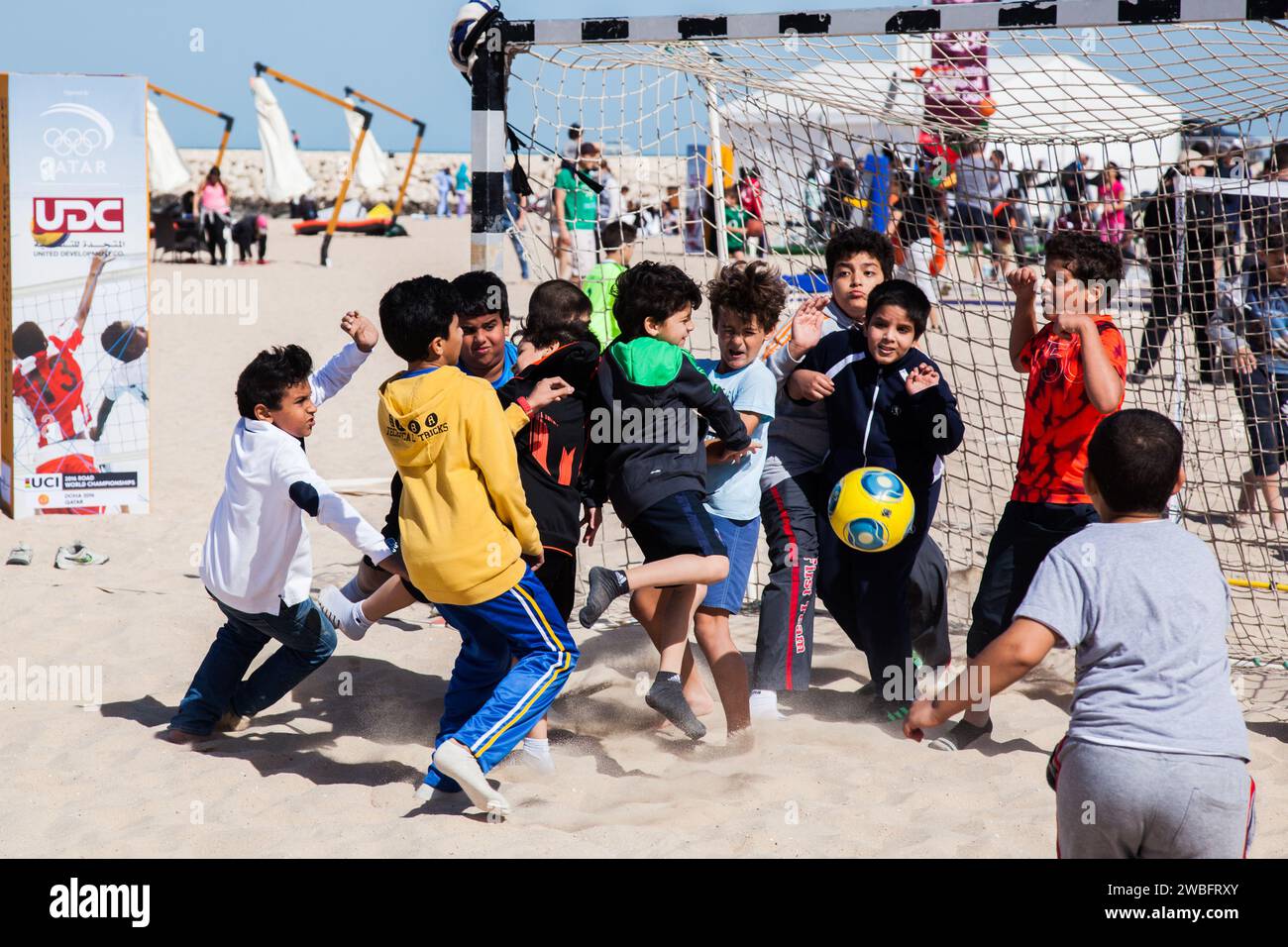 Doha ,Qatar-February 14,2016 : Children play football on the occasion ...
