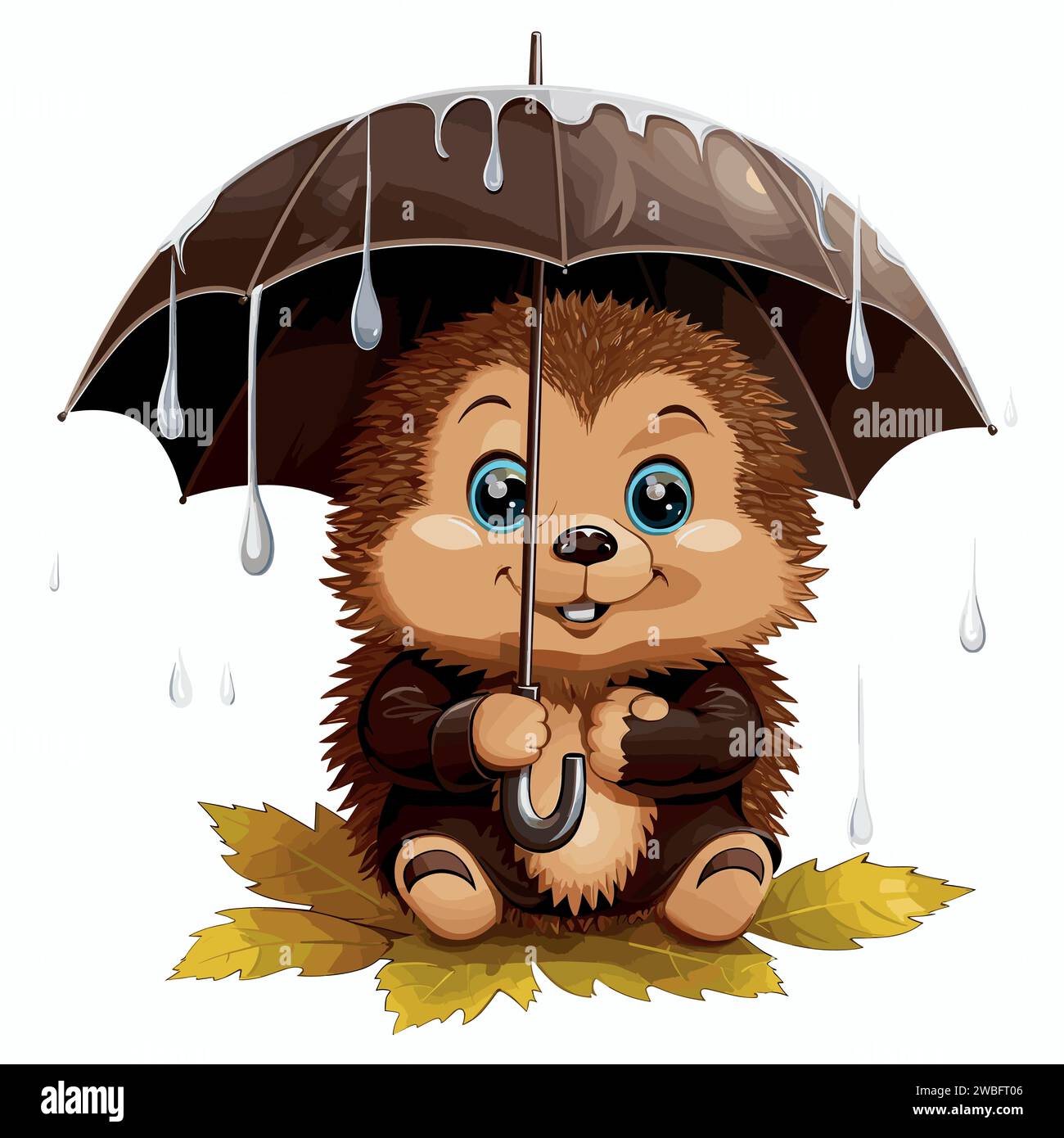 Hedgehog on rainy day holding an umbrella on White Background Stock ...