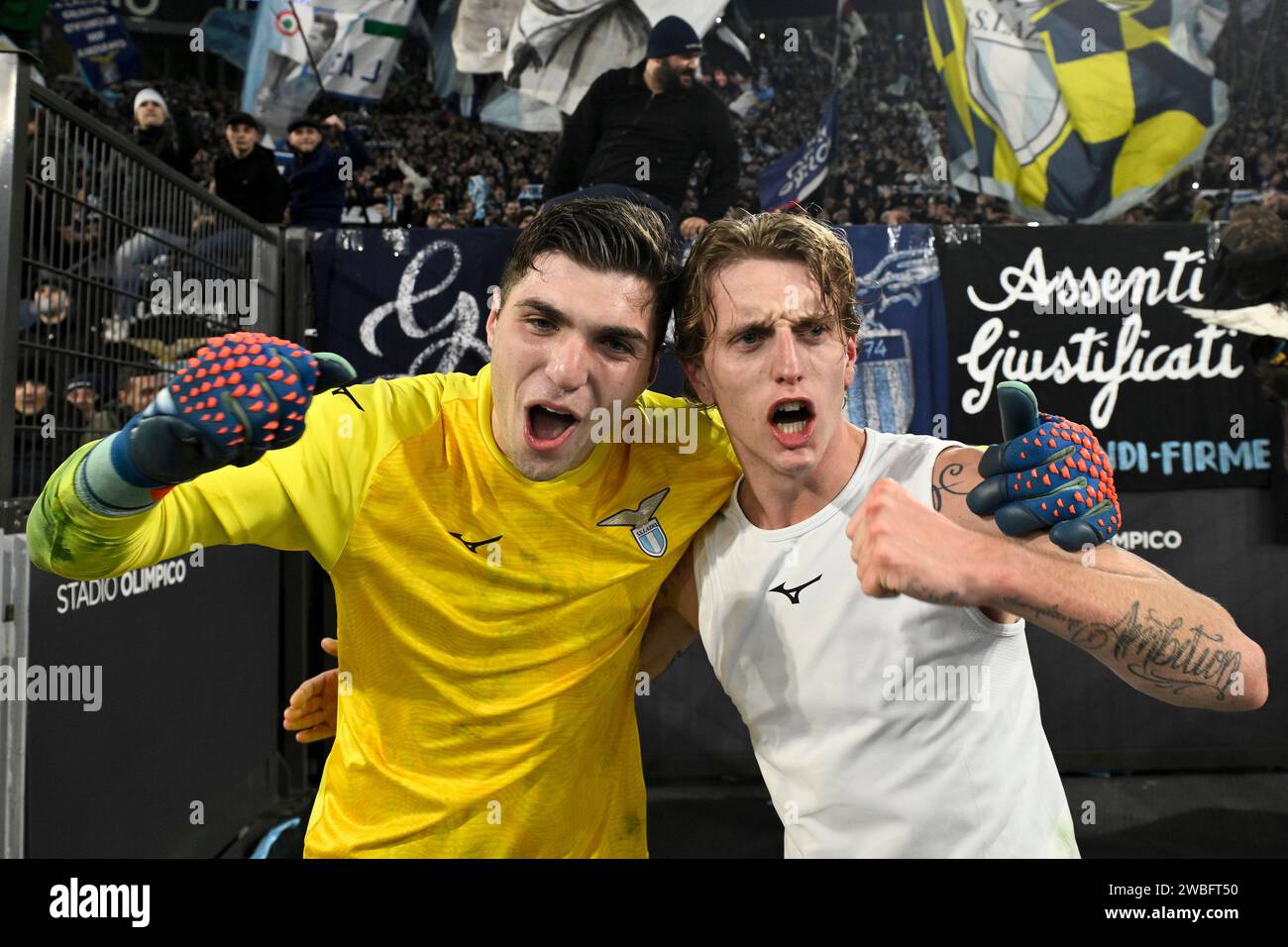 Rome, Italy. 10th Jan, 2024. Christos Mandas and Nicolo Rovella of SS Lazio celebrate at the end ...