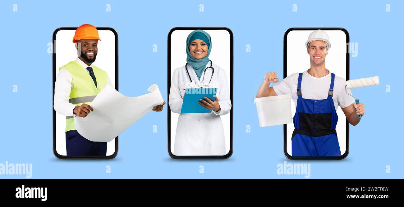 Creative collage with diverse workers displayed in smartphones Stock ...