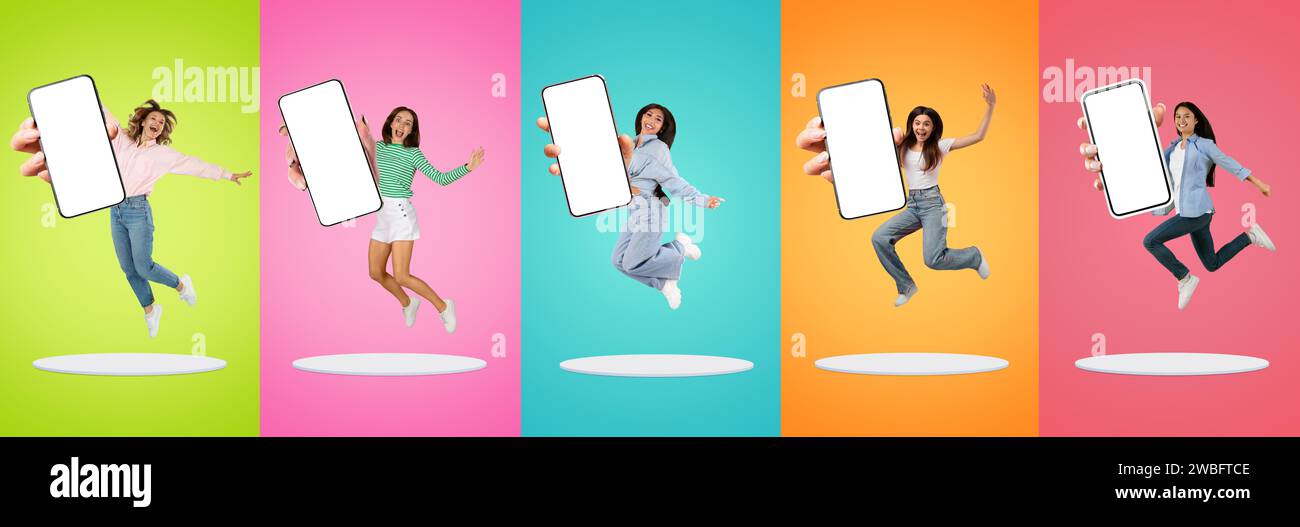 Group Of Joyful Women Jumping With Big Blank Smartphone In Hands Stock ...