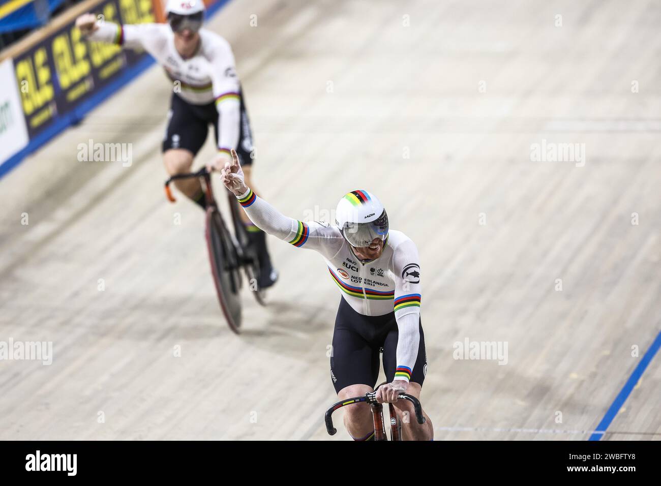 APELDOORN - 10/01/2024, Roy van den Berg (r) and Jeffrey Hoogland cheer ...