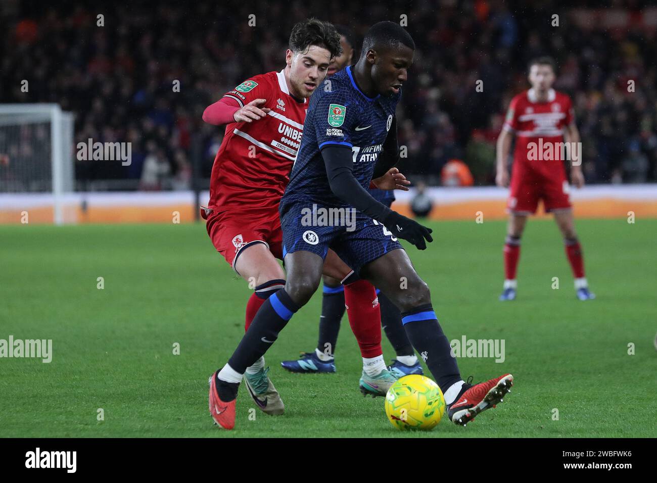 Chelsea's Moises Caicedo in action with Middlesbrough's Hayden Hackney ...