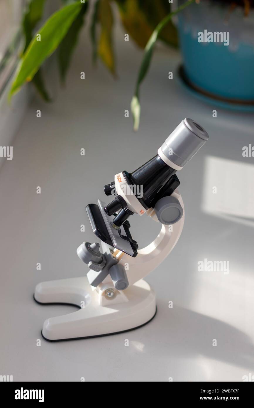 lose up shot of the microscope on the window Stock Photo - Alamy
